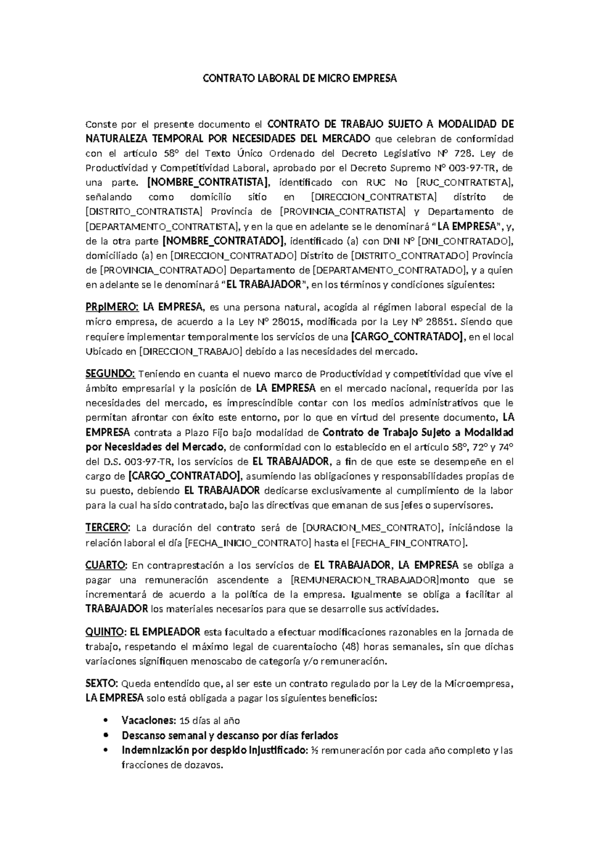 Contrato Laboral DE Micro Empresa - CONTRATO LABORAL DE MICRO EMPRESA ...
