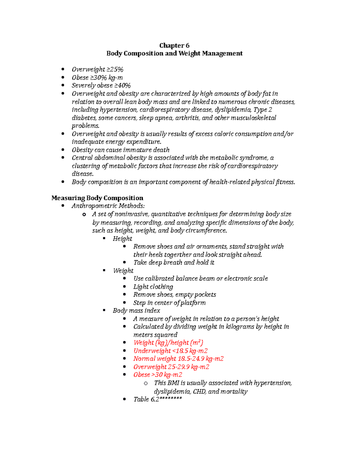 Chapter 6 - Chapter 6 Body Composition and Weight Management Overweight ...