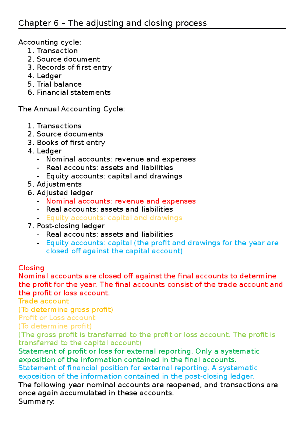 Chapter 6 and 7 Notes - Chapter 6 – The adjusting and closing process ...