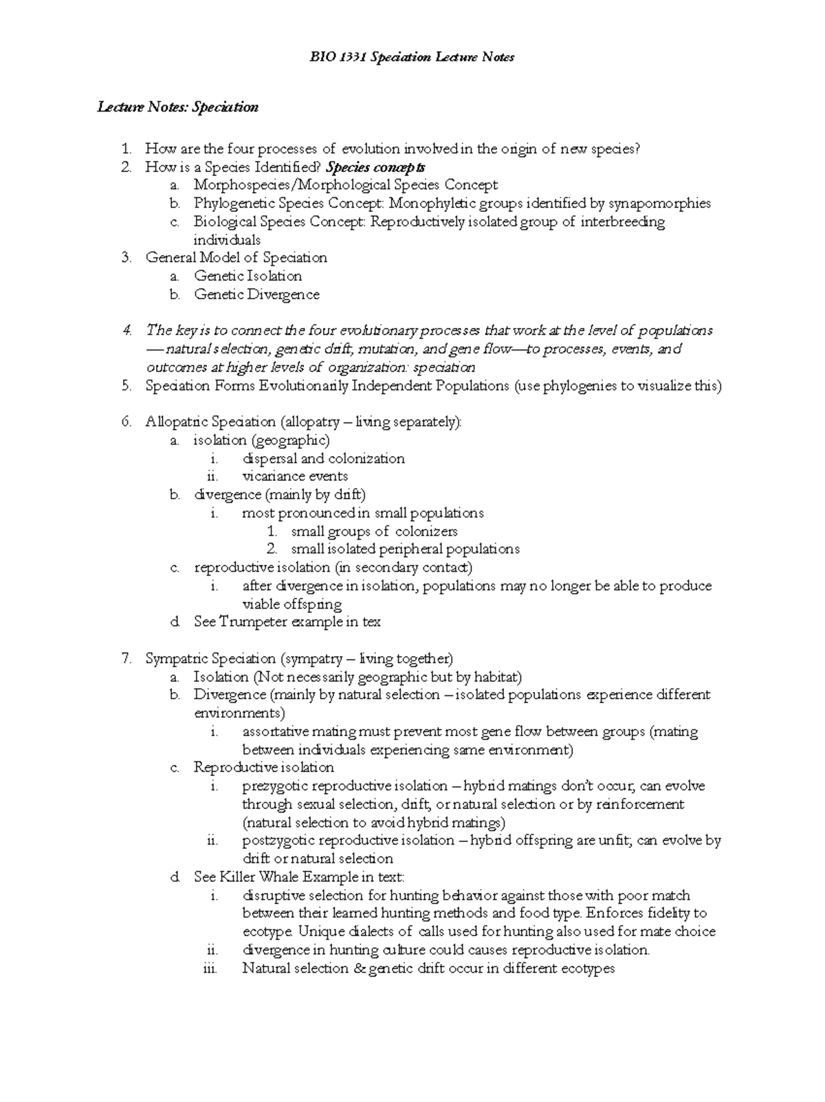 BIO 1331 Notes Speciation - BIO 1331 Speciation Lecture Notes Lecture ...