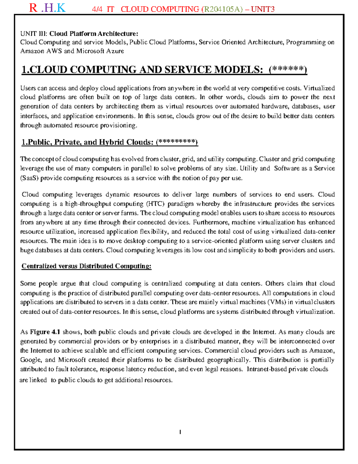 Jntuk 4-1 CSE R20 CC UNIT-III - UNIT III: Cloud Platform Architecture ...