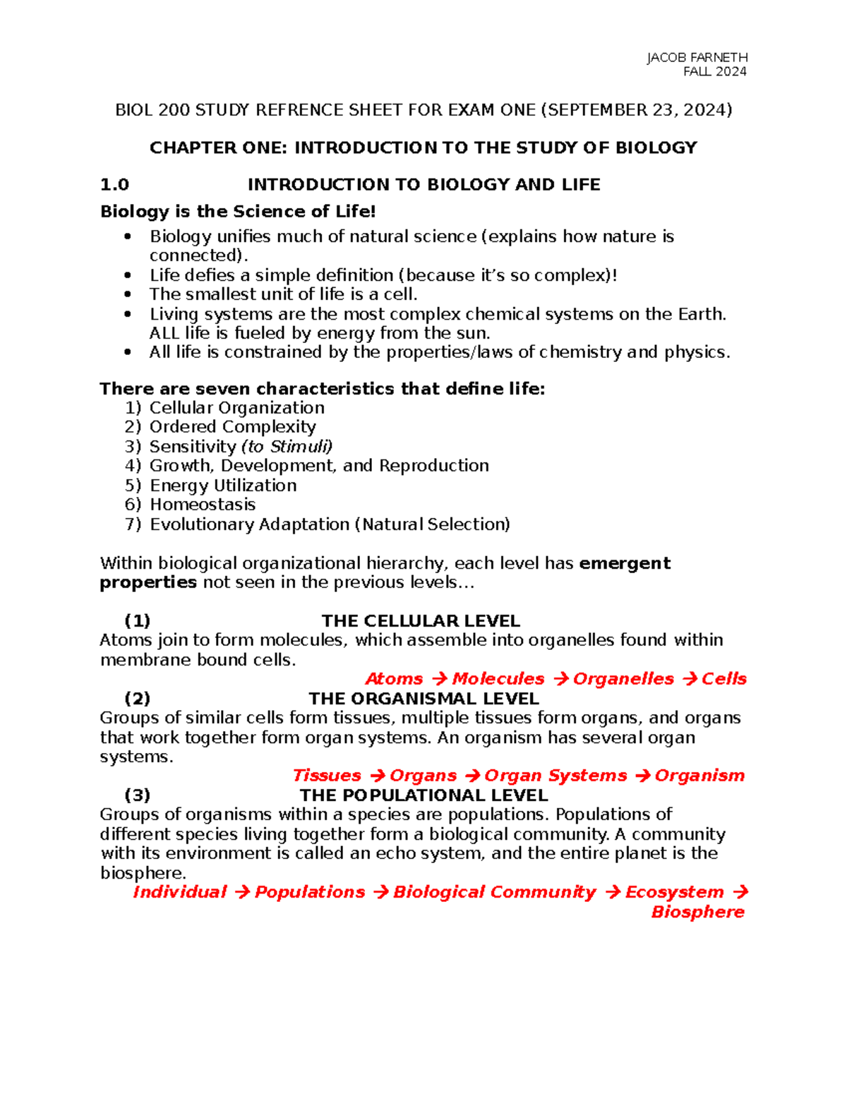 BIOL 200 (Chapter 1-3) Notes - FALL 2024 BIOL 200 STUDY REFRENCE SHEET ...