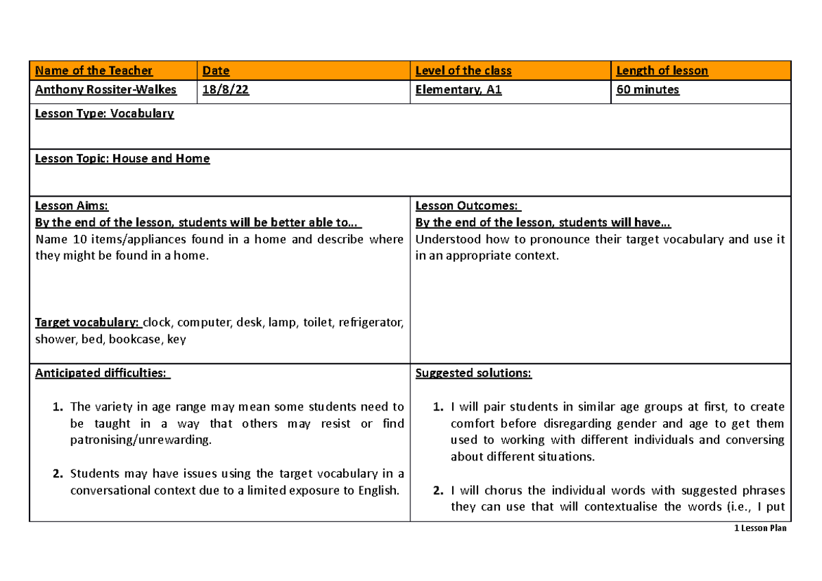 Unit 5 Assignment 1 Finished - Name of the Teacher Date Level of the ...