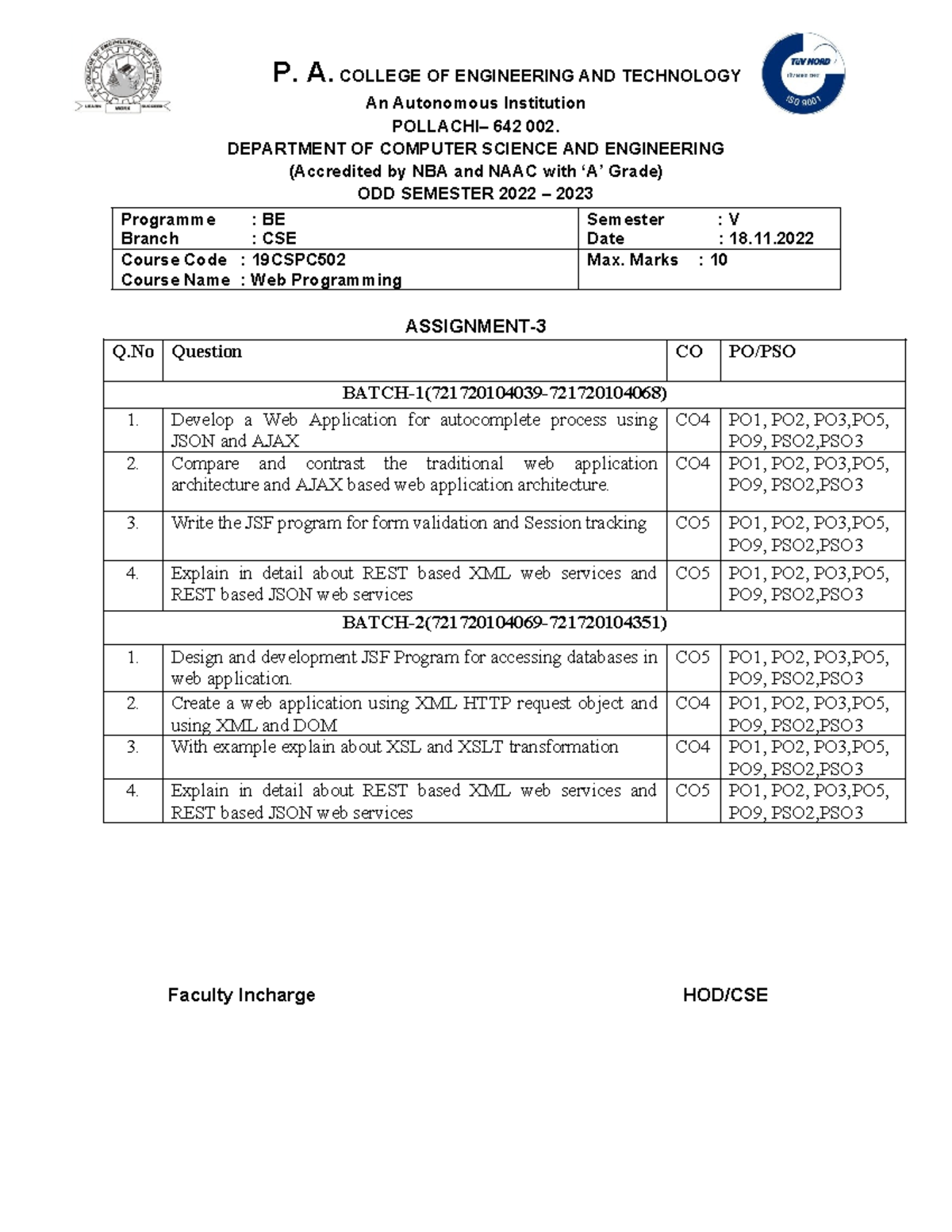 Assignemnt 3 Web Programming Questions - P. A. COLLEGE OF ENGINEERING AND TECHNOLOGY An ...