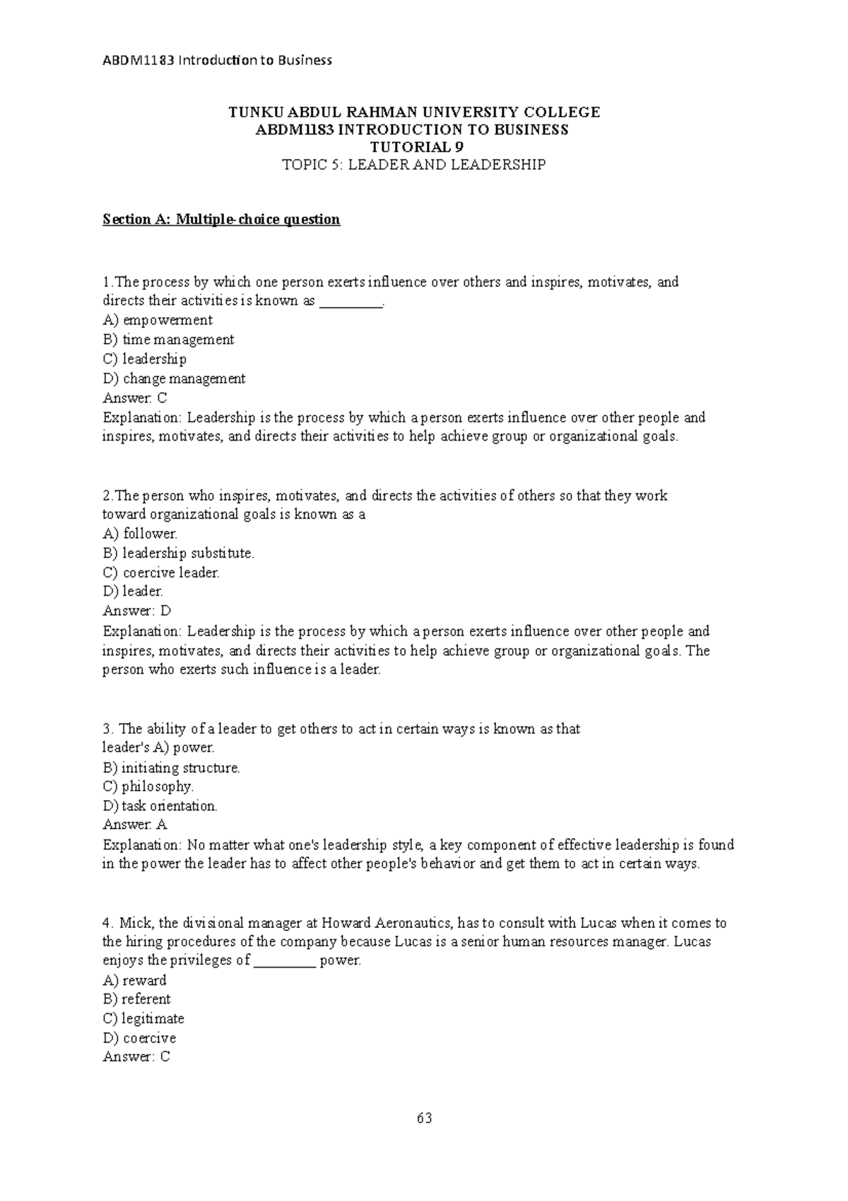 WEEK 10 T9 ( topic 5 leader and leadership ) - TUNKU ABDUL RAHMAN ...