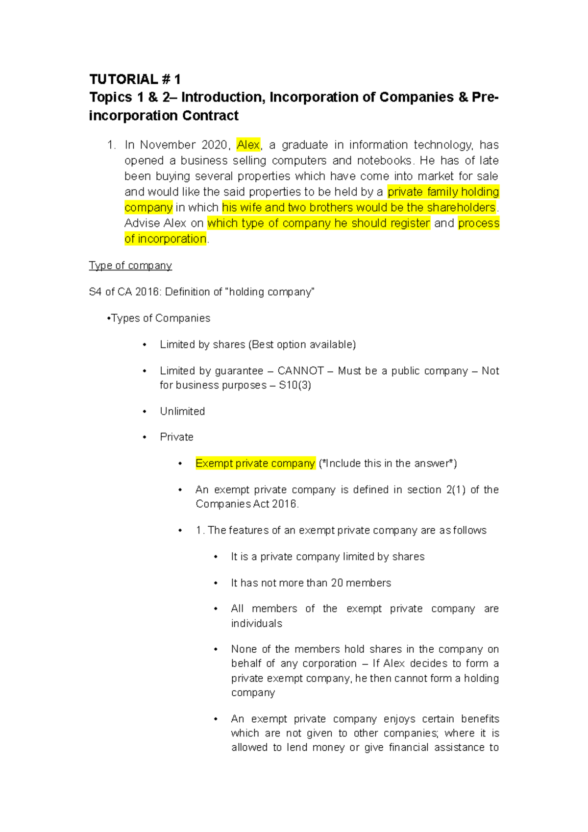 Tutorial 1 Company Law Tutorial 1 Topics 1 2 Introduction