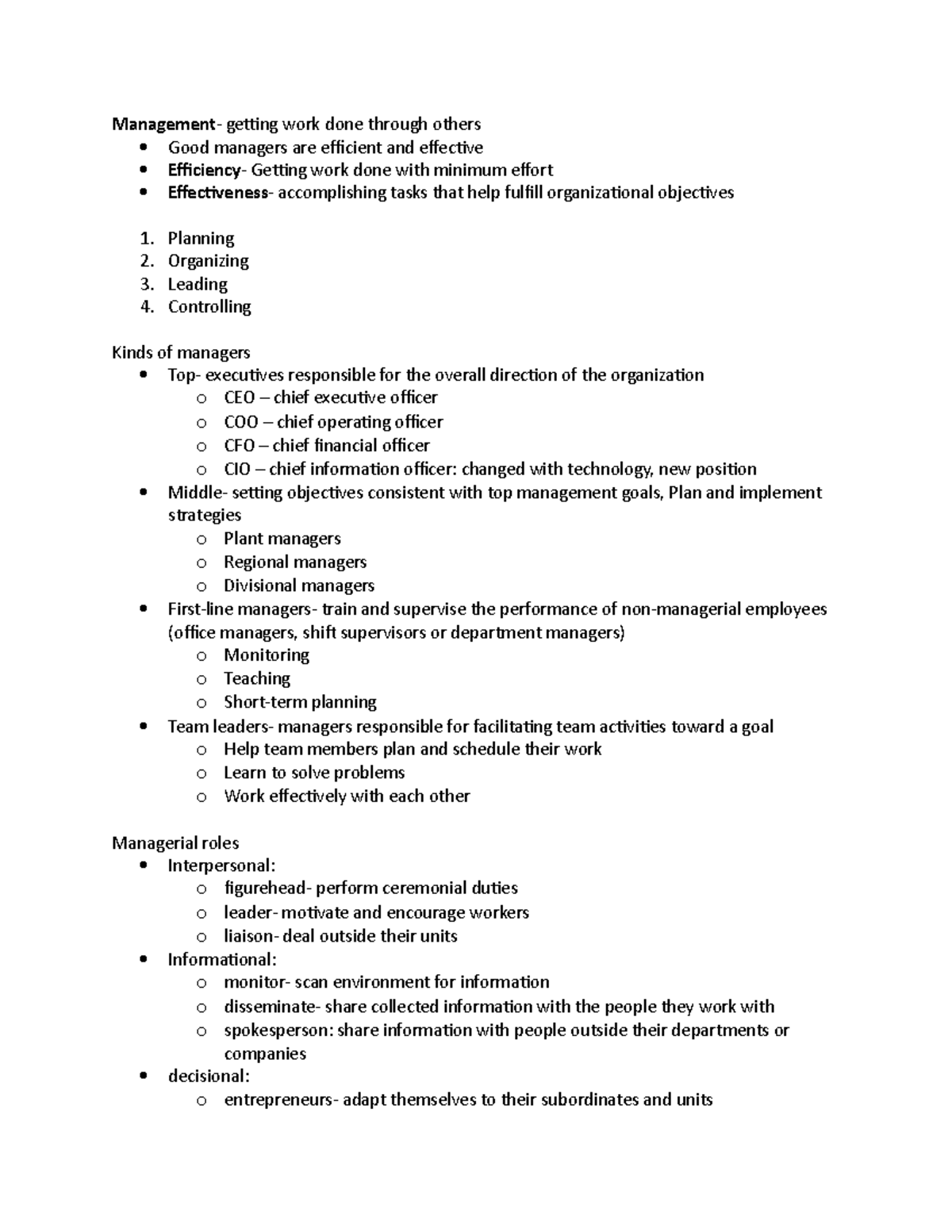 Management notes - Management- getting work done through others Good ...