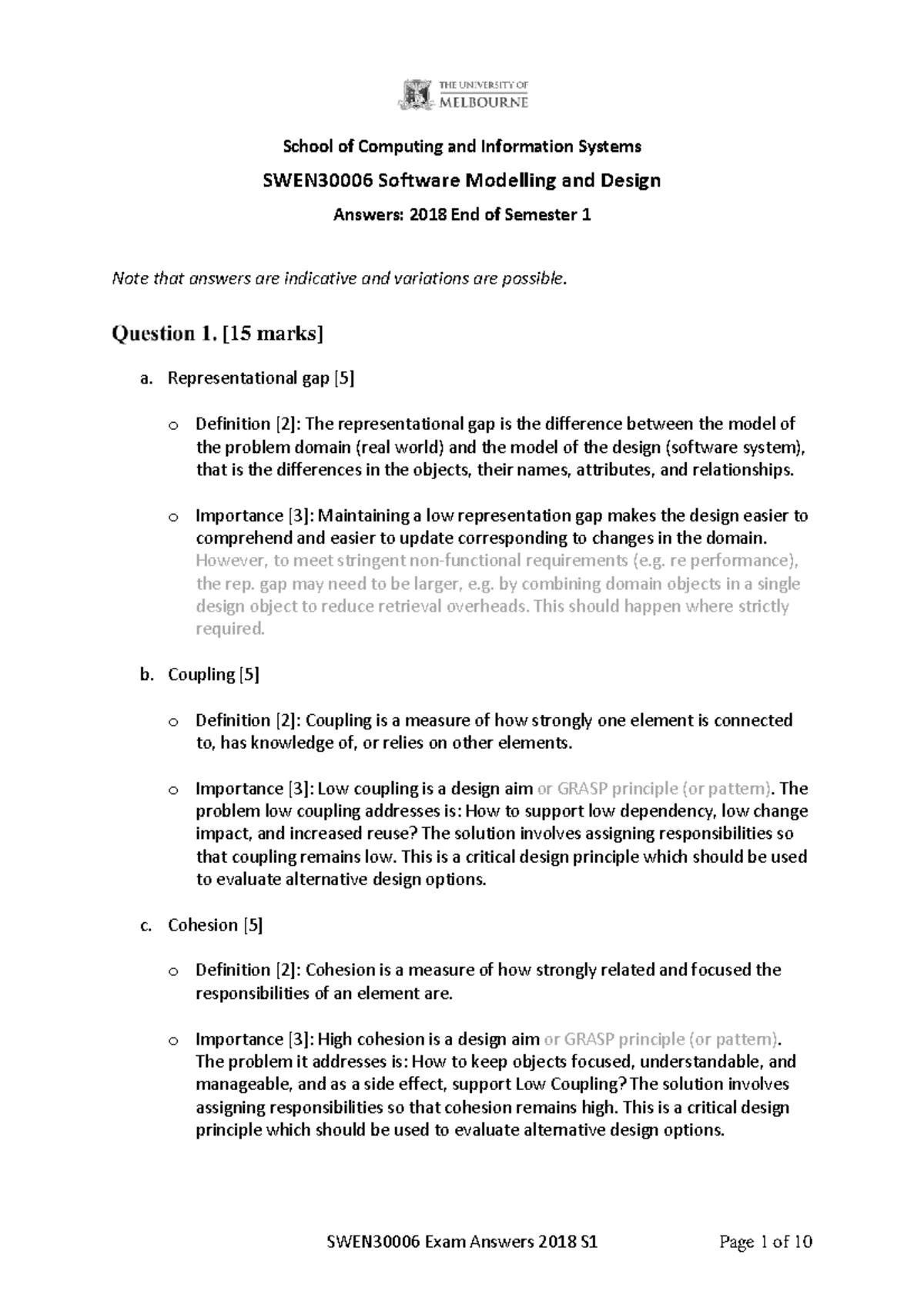 2018 S1 SWEN30006 Exam Final Ans - School of Computing and Information Systems SWEN30006 ...