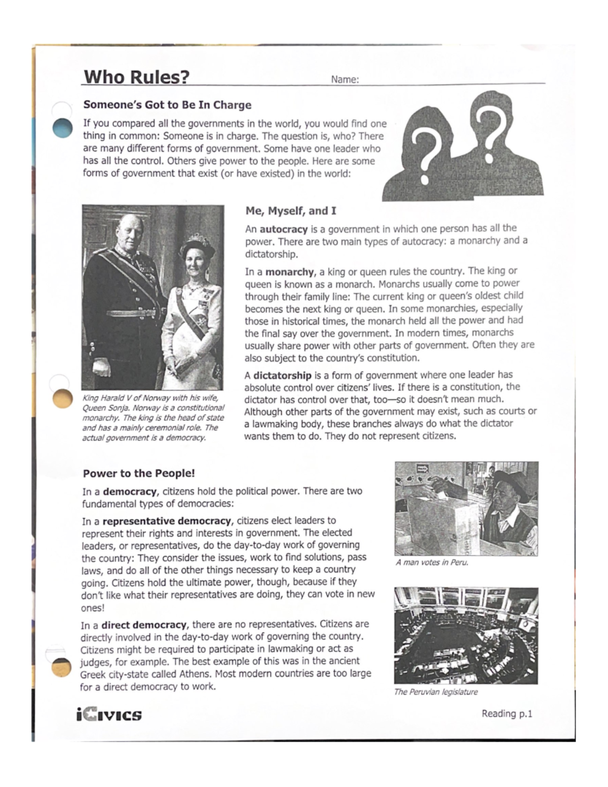 Who Rules Reading pdf - gives fille out assignemnt - Who Rules? Name ...