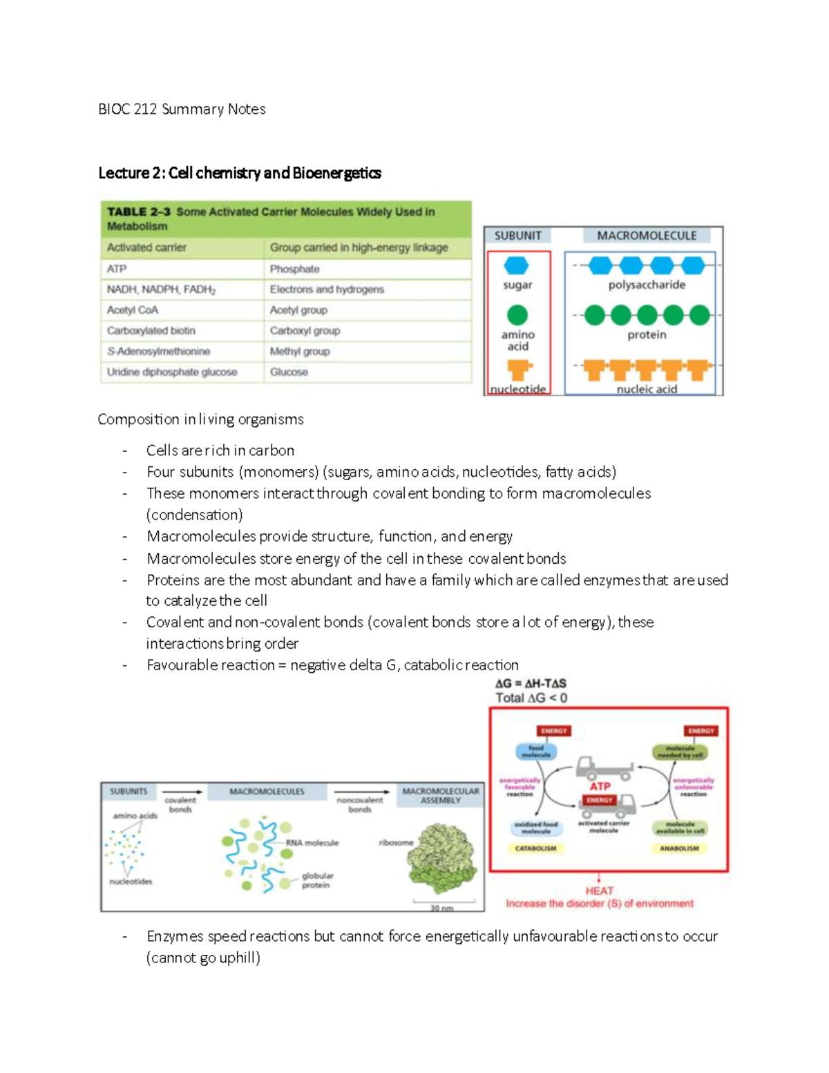 BIOC summary notes - BIOC 212 Summary Notes Lecture 2 : Cell chemistry ...