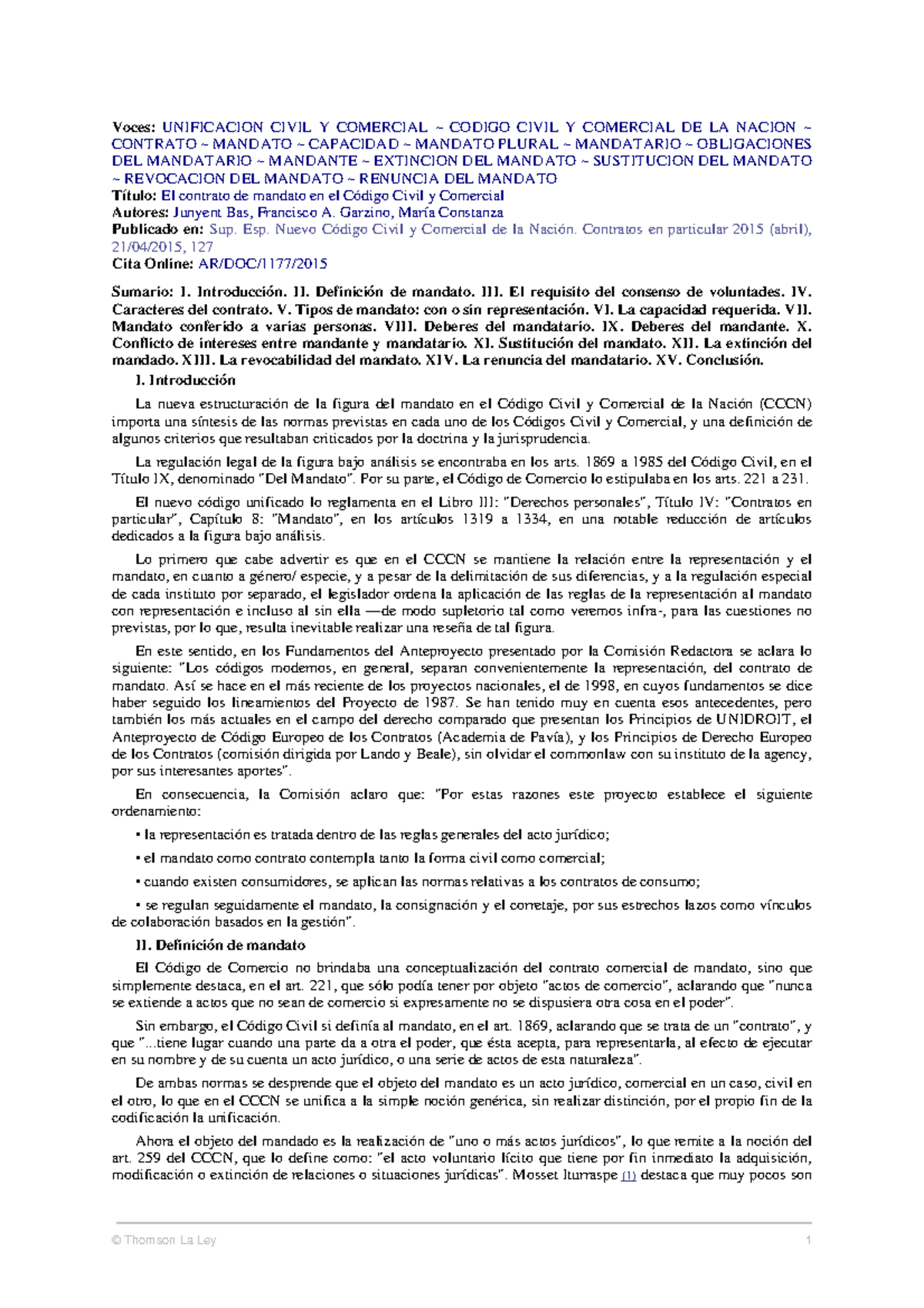 Junyent Bas El contratodemandato - Voces: UNIFICACION CIVIL Y COMERCIAL ...