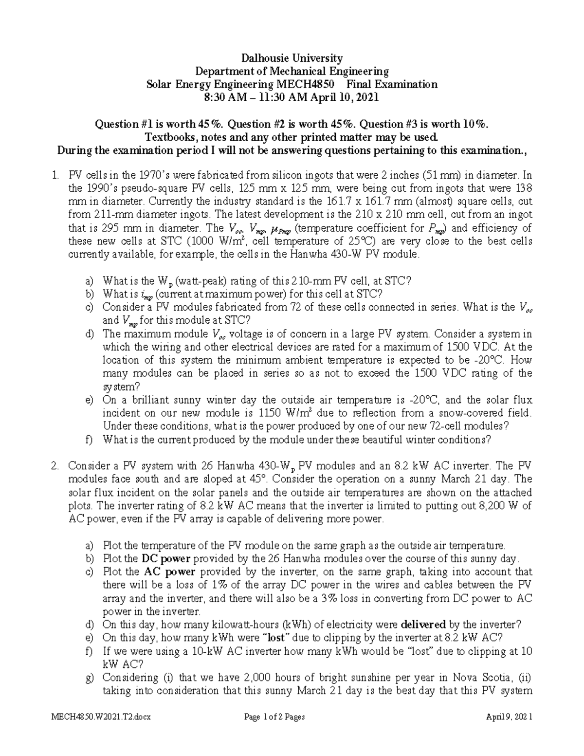 Final Exam 2021 - MECH4850.W2021.T2 Page 1 of 2 Pages April 9, 2021 ...
