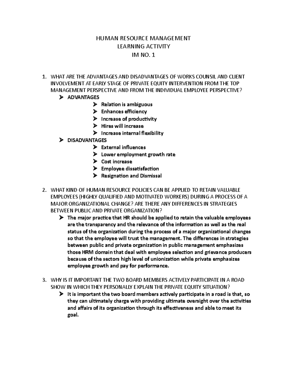 Human Resource Management Learning Activity IM NO - HUMAN RESOURCE ...