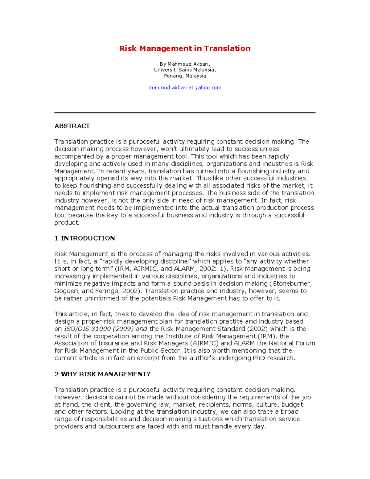 Risk Management in Translation - The decision making process however ...