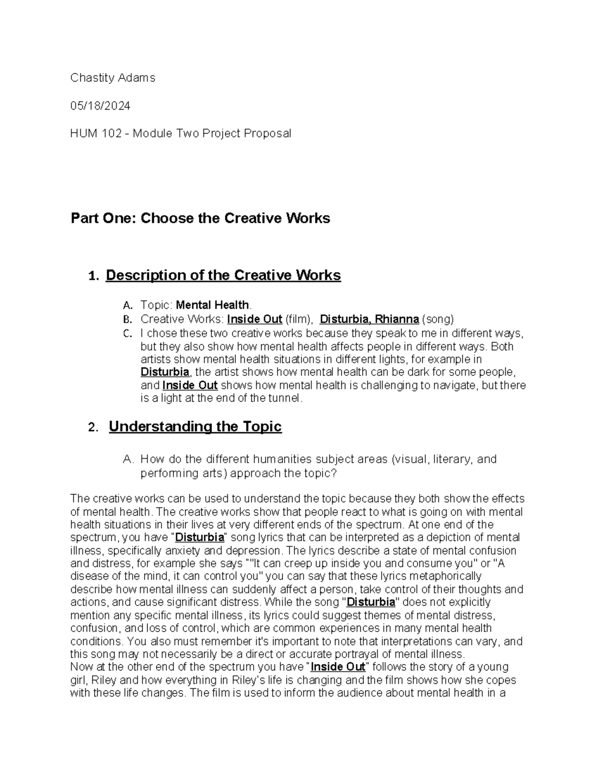 HUM 102 Module Two Project Proposal - Chastity Adams 05/18/ HUM 102 ...