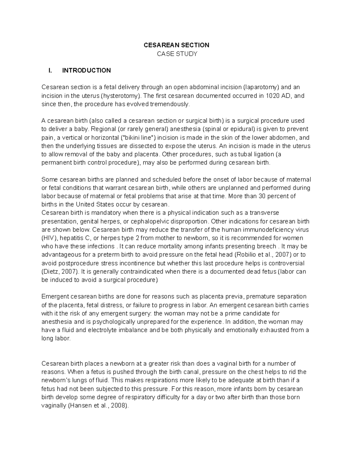 Case1 CS - CESAREAN SECTION CASE STUDY I. INTRODUCTION Cesarean section ...
