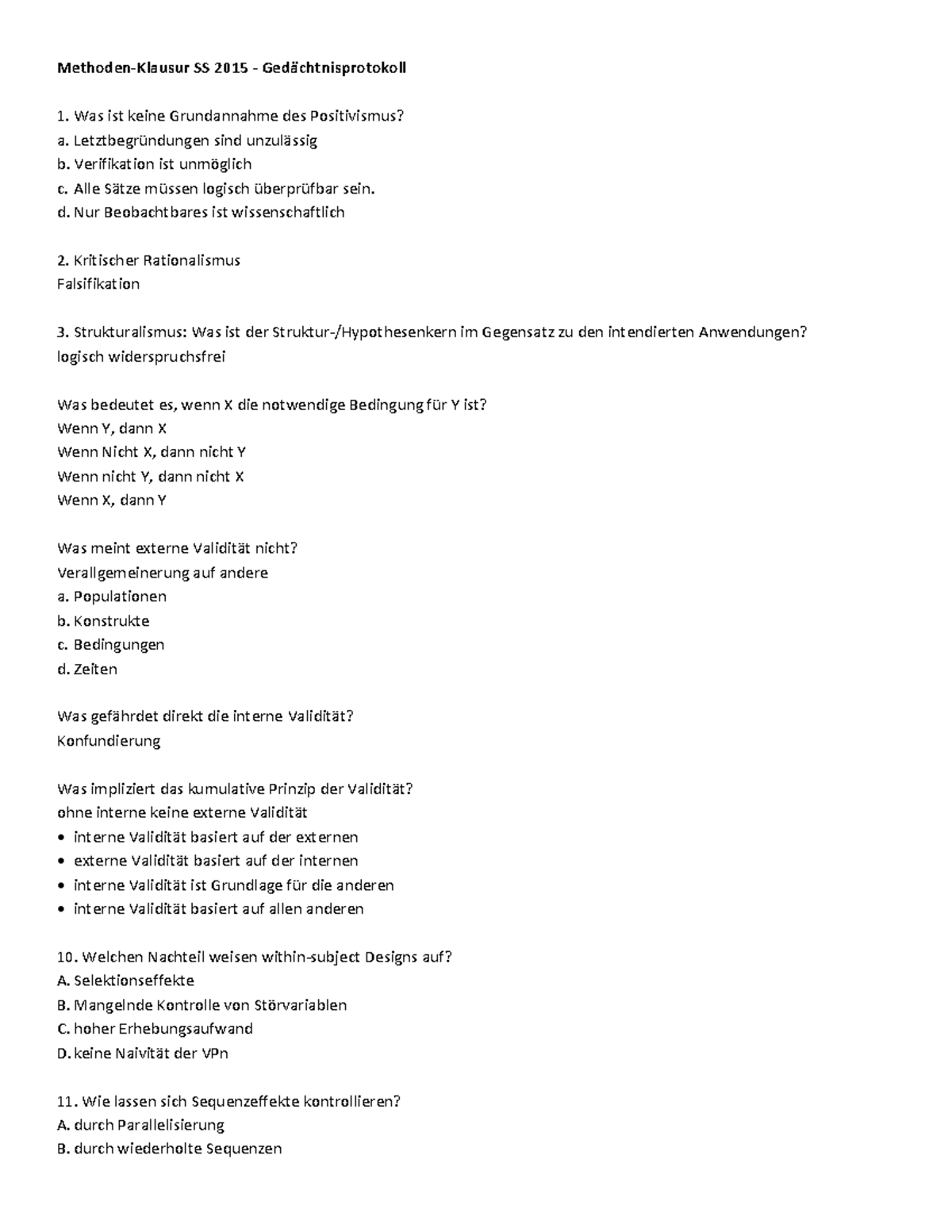 Klausur Sommersemester 2015, Fragen - Methoden-­‐Klausur SS 2015 -­‐ Gedächtnisprotokoll 1 ...