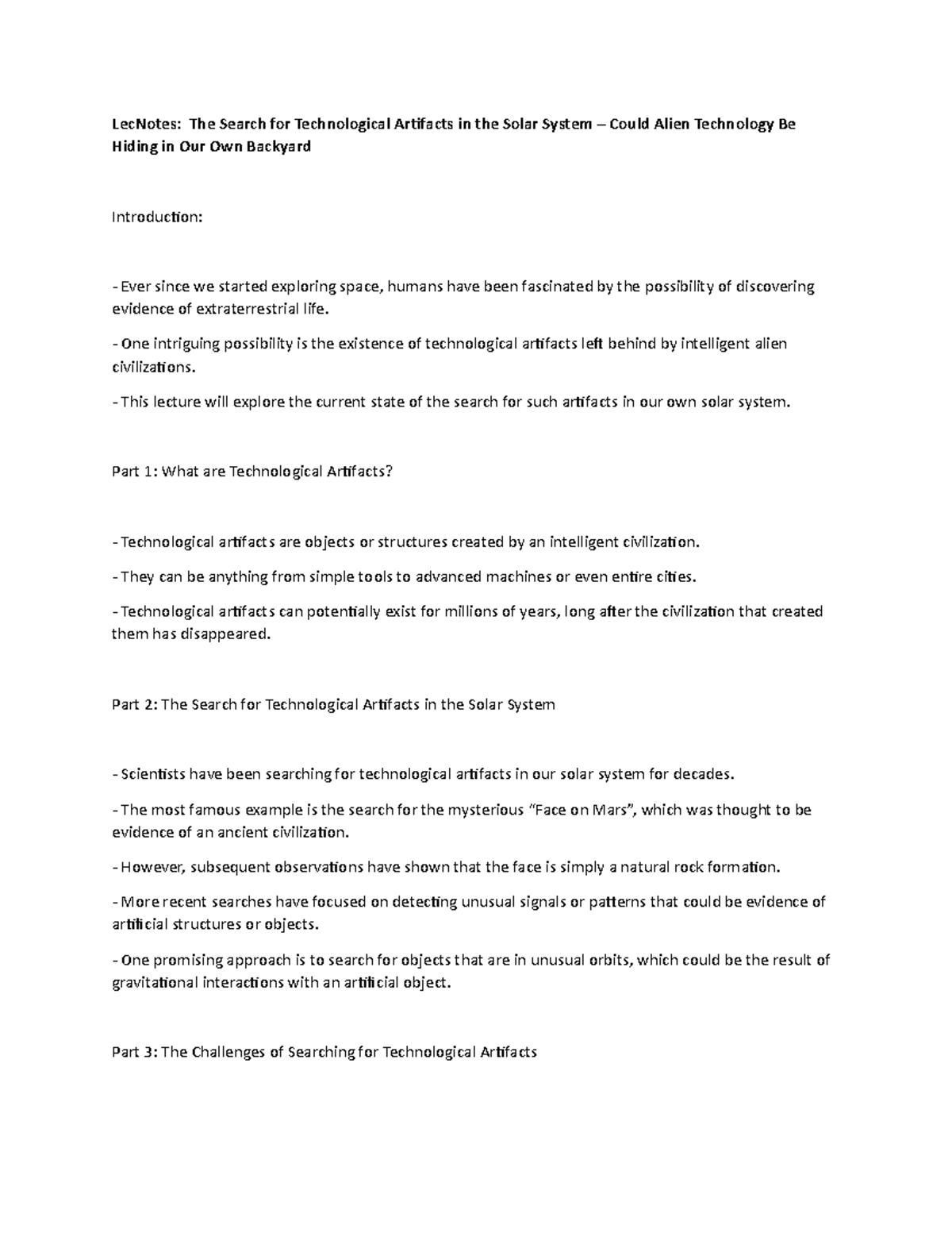 Lec Notes: The Search for Technological Artifacts in the Solar System ...