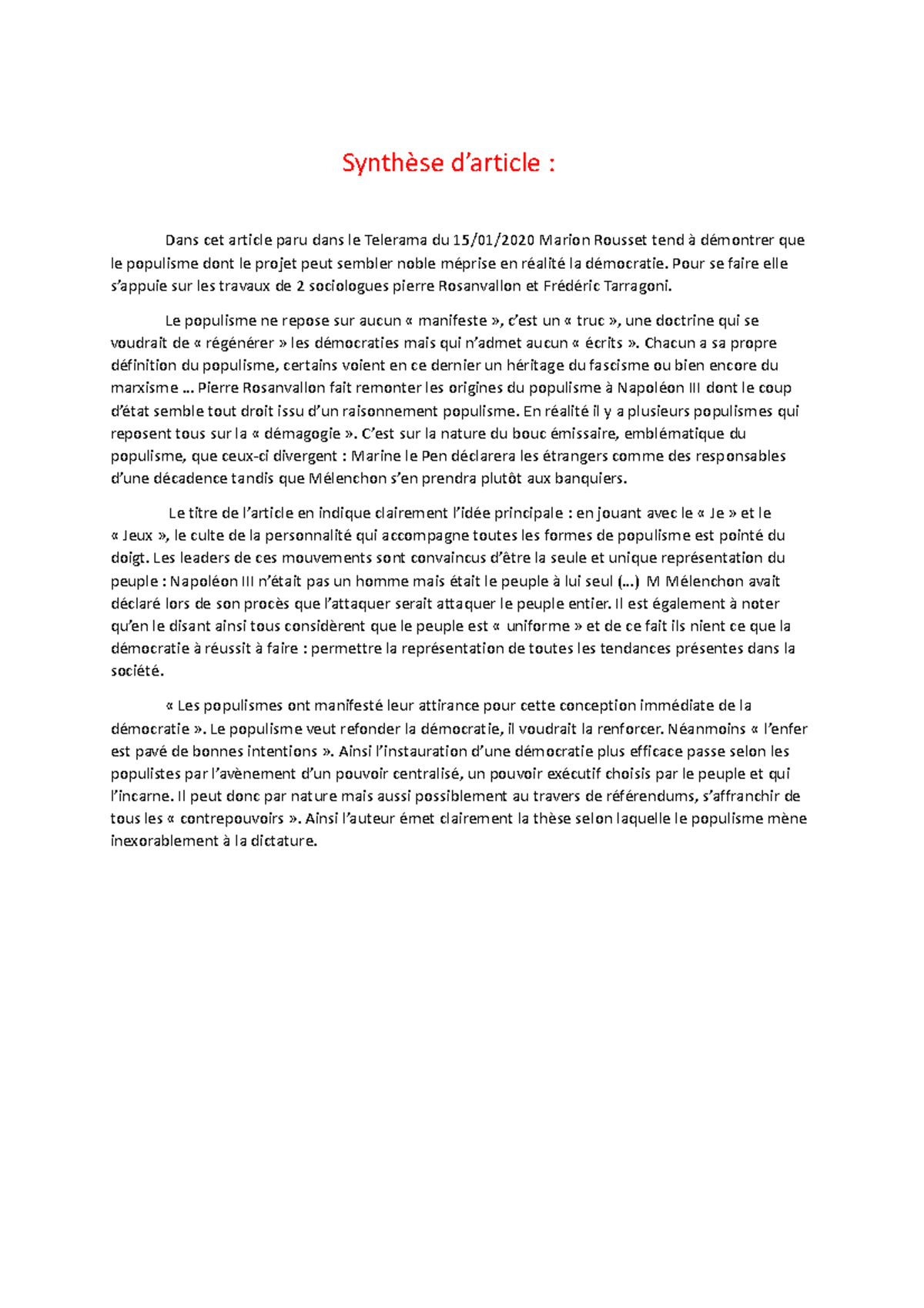 Synthèse article populisme - Synthèse d’article : Dans cet article paru dans le Telerama du ...