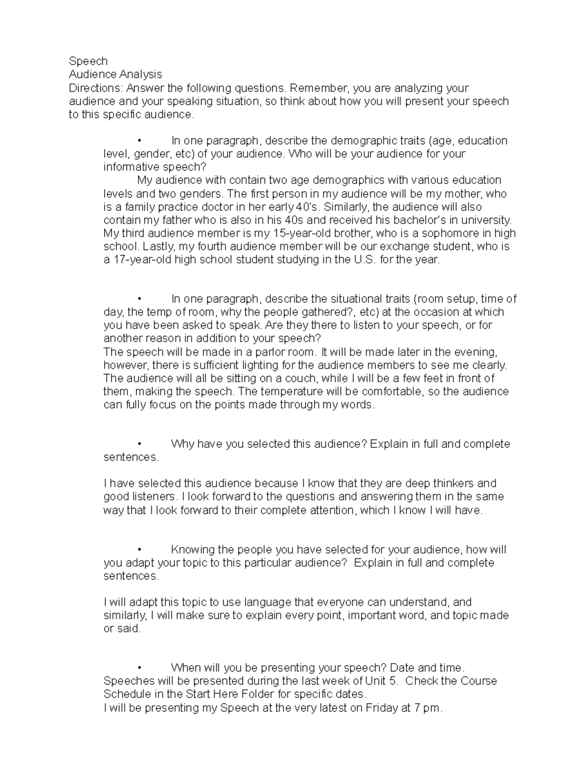 Audience Analysis - Speech Audience Analysis Directions: Answer the ...