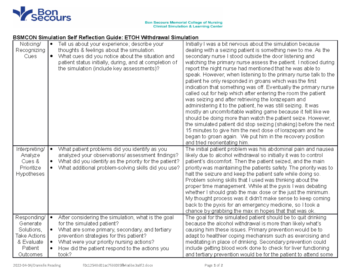 Alcohol Withdrawal Simulation Reflection - BSMCON Simulation Self Reflection Guide: ETOH ...