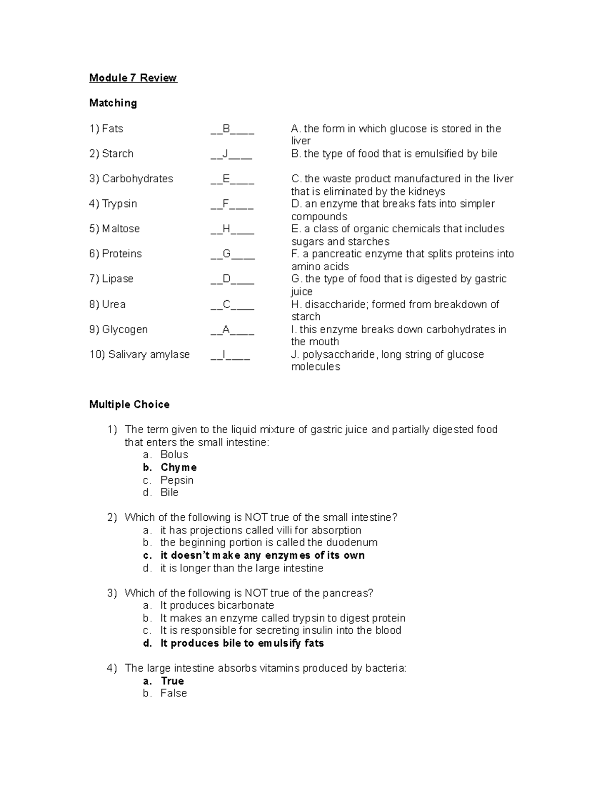 Module 7 Review answers - Module 7 Review Matching 1) Fats __B____ 2 ...