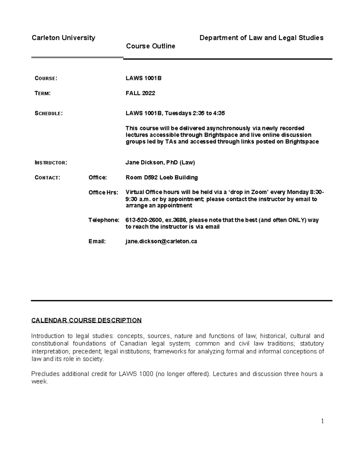 Laws 1001B- Dickson Jane - Fall 2022 Course Outline - Carleton ...