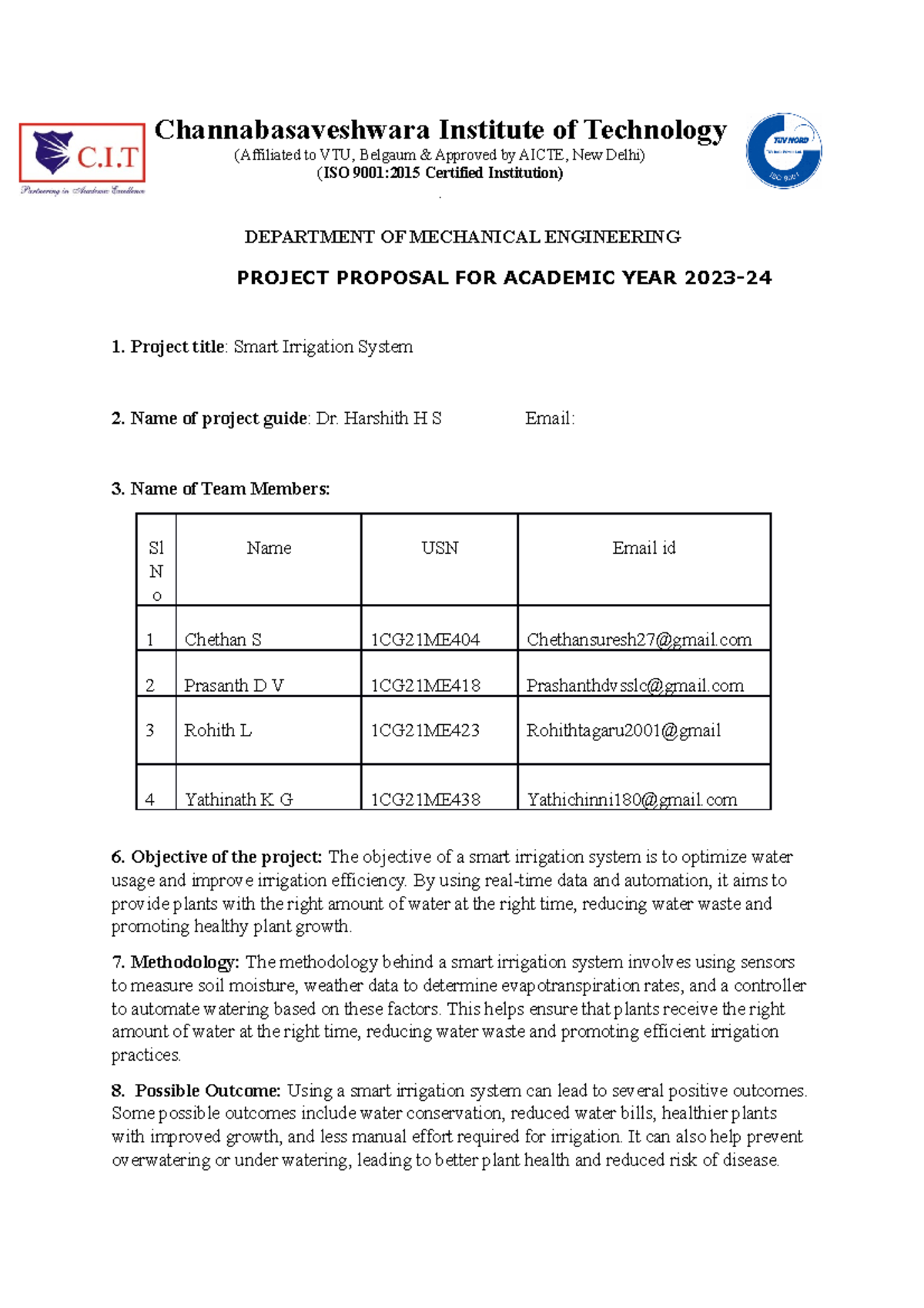 Smart Irrigation proposal - Channabasaveshwara Institute of Technology ...