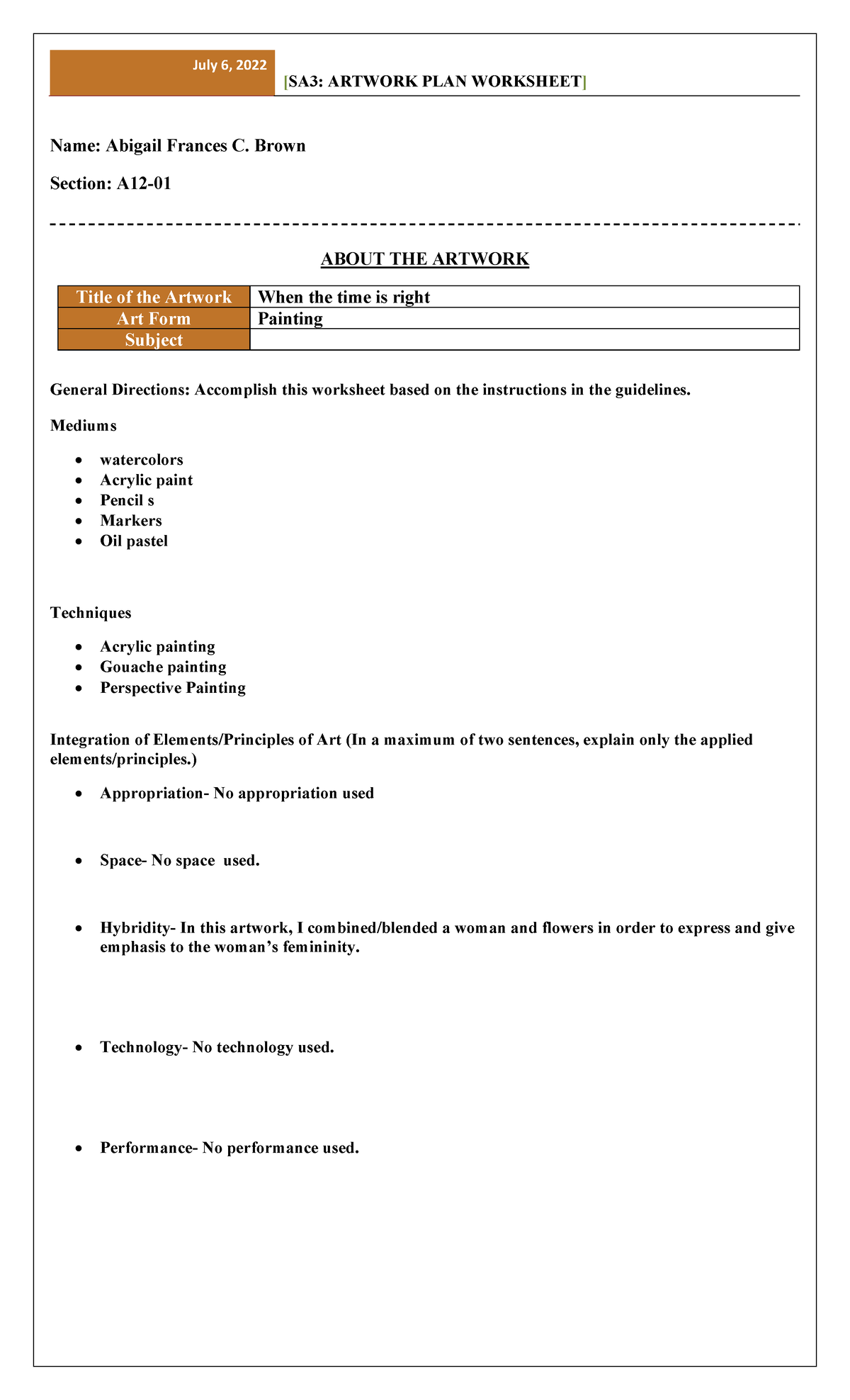 Artscom Graded Task - [SA3: ARTWORK PLAN WORKSHEET] Name: Abigail ...