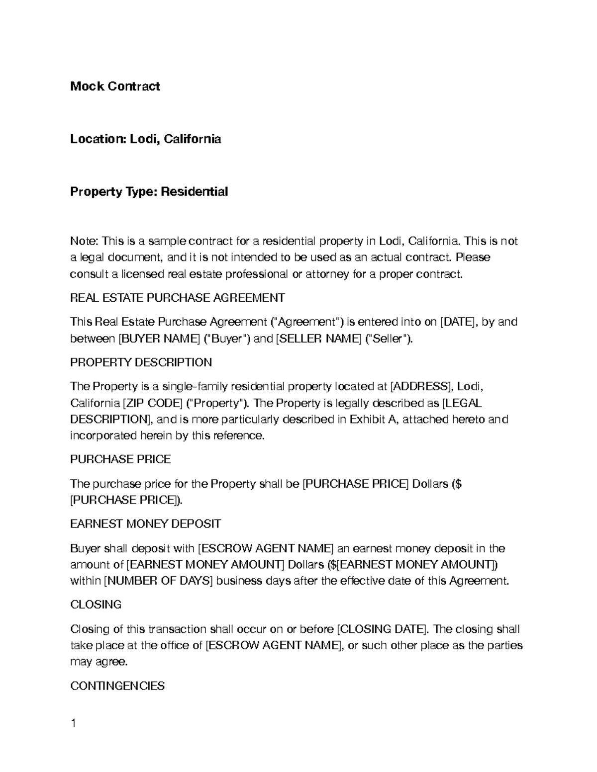 Mock Residential Contract Lodi, CA - Mock Contract Location: Lodi ...