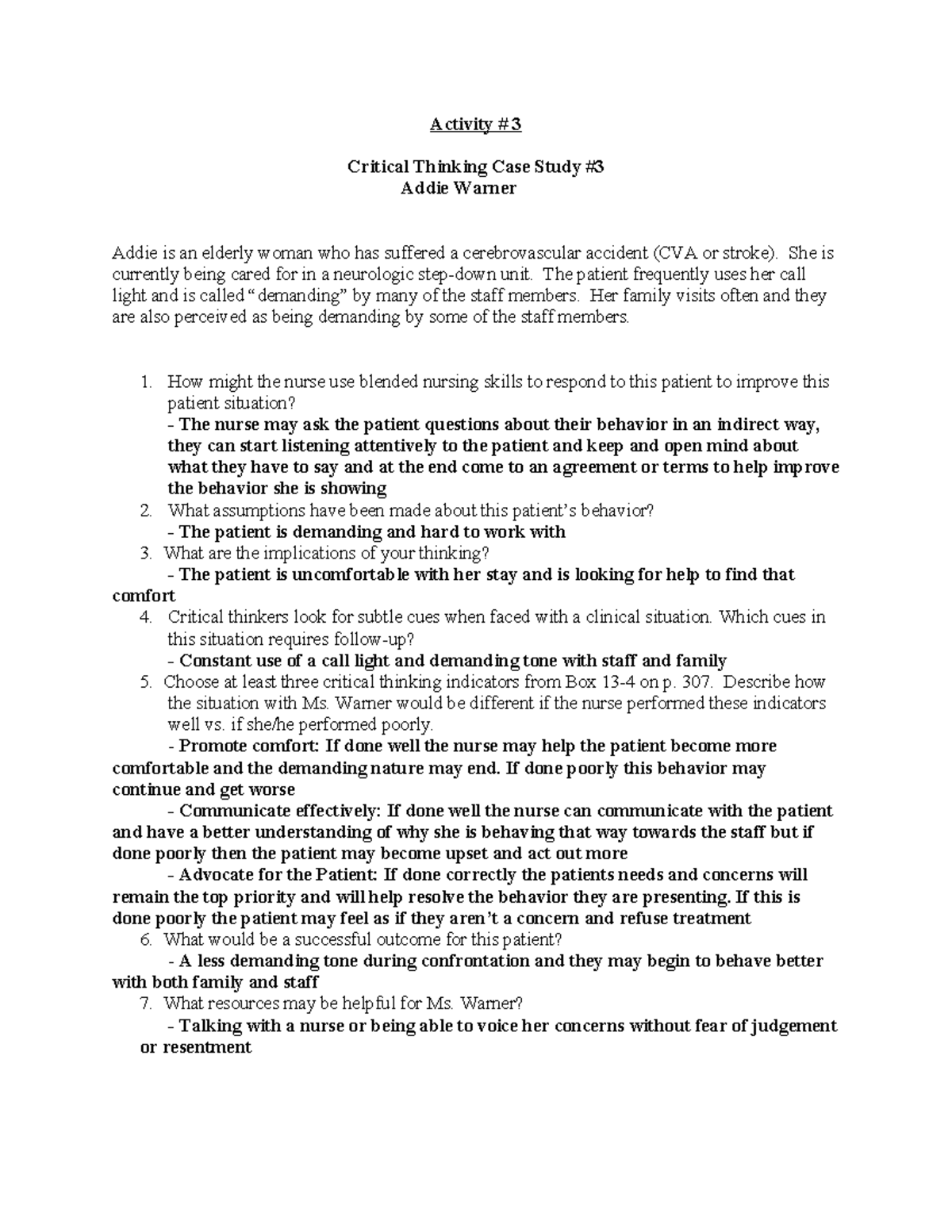 Activity #3 Critical thinking case study #3 - Activity # 3 Critical ...