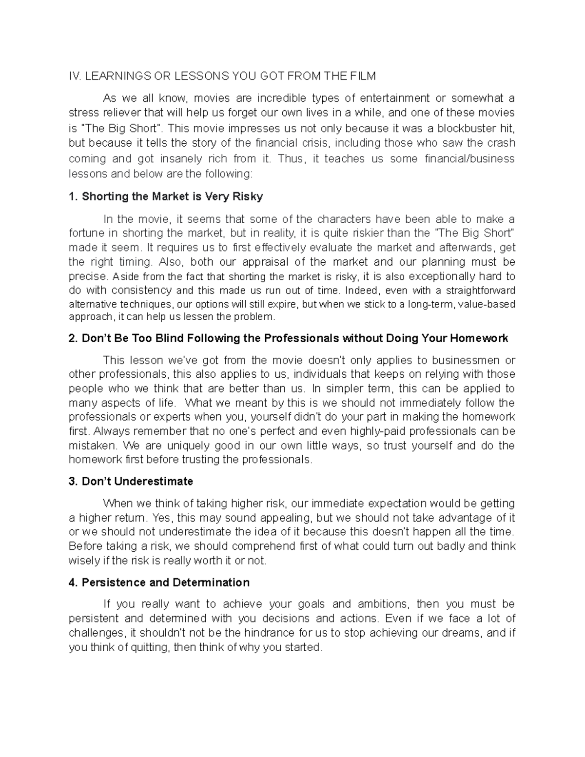 The big short lessons - IV. LEARNINGS OR LESSONS YOU GOT FROM THE FILM ...