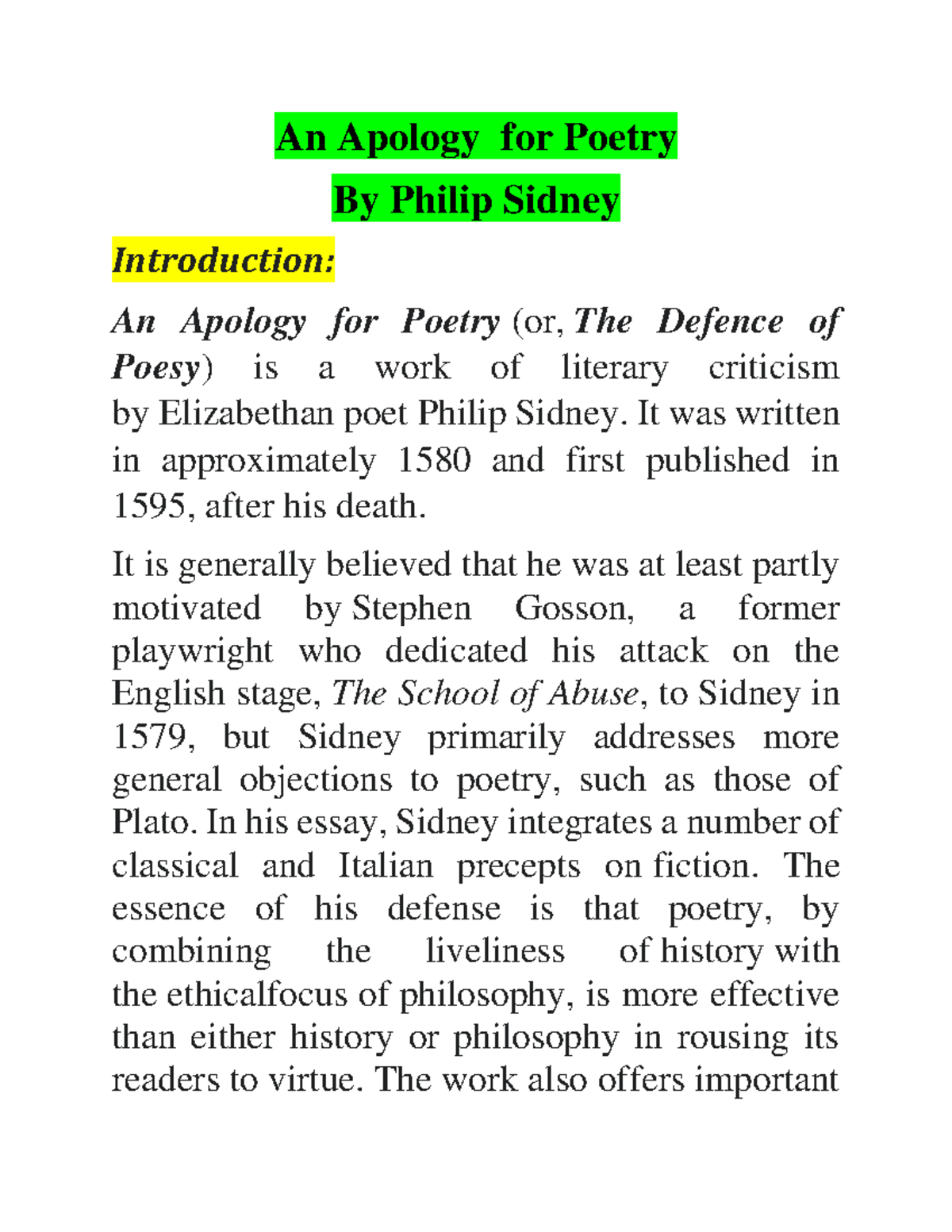 An apology for poetry (Background Study I) - An Apology for Poetry By ...