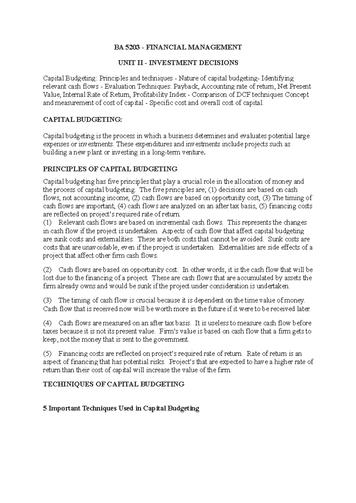 FM Unit II Notes - BA 5203 - FINANCIAL MANAGEMENT UNIT II - INVESTMENT ...