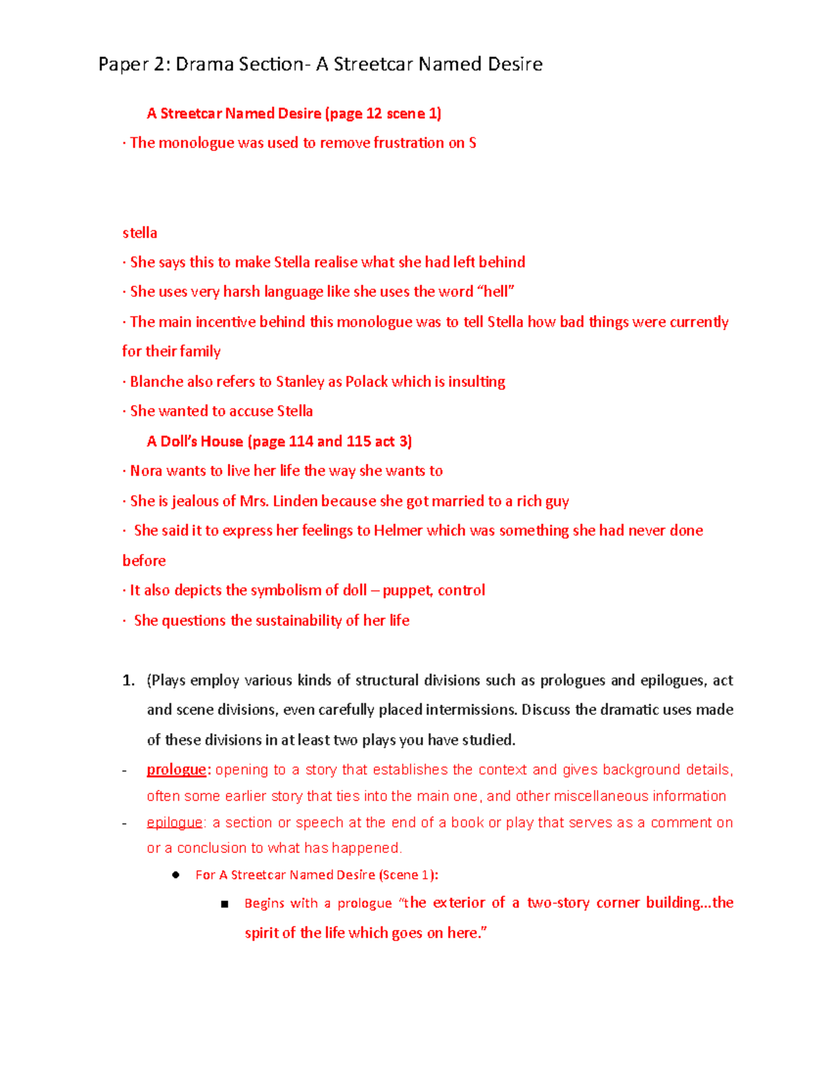 Drama Questions - Paper 2 - A Streetcar Named Desire (page 12 scene 1 ...