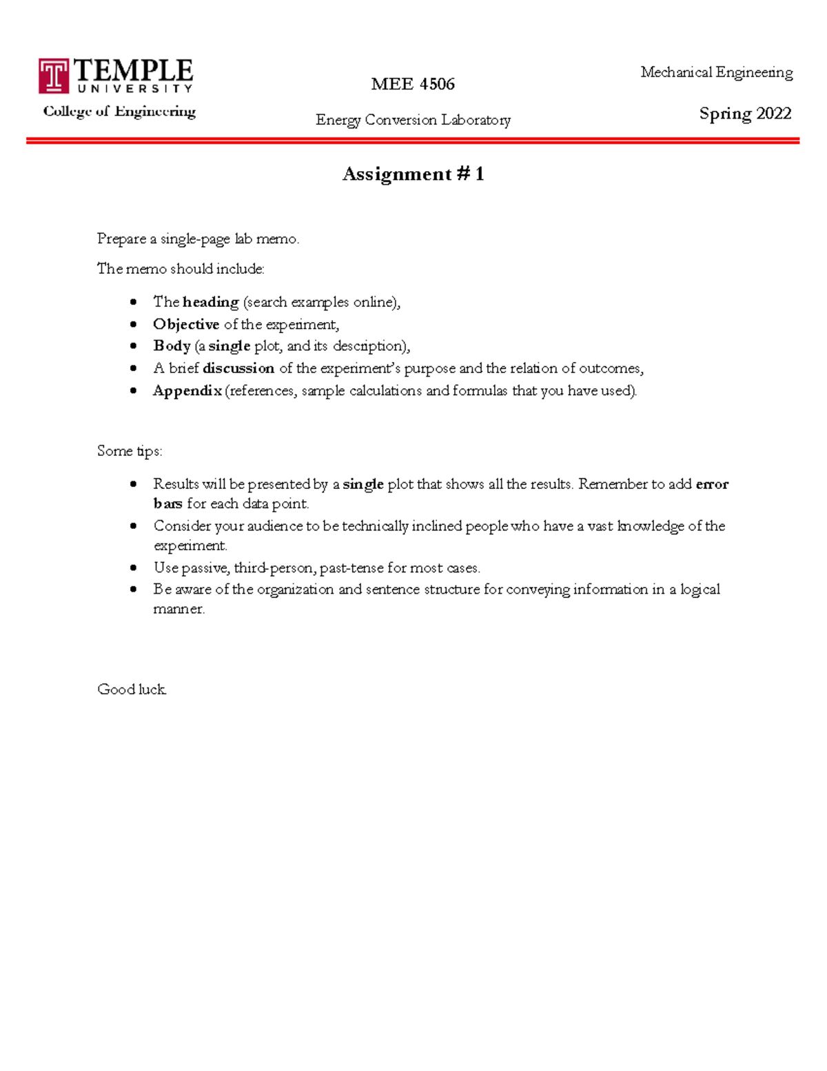 Assignment 1 Memo - MEE 4506 Energy Conversion Laboratory Mechanical ...