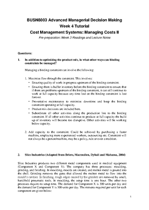 Tutorial Wk3 - 1 Week 4 Tutorial Cost Management Systems: Managing Costs II Pre-preparation ...