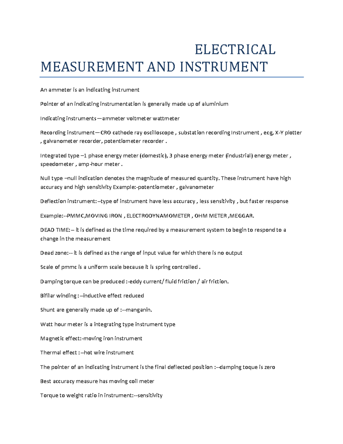 Electrical Measurement AND Instrumentation SELF Notes - ELECTRICAL ...