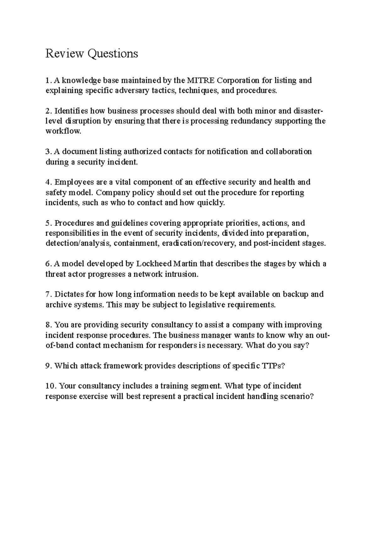 Incident Response Procedures Review Questions - Review Questions A ...