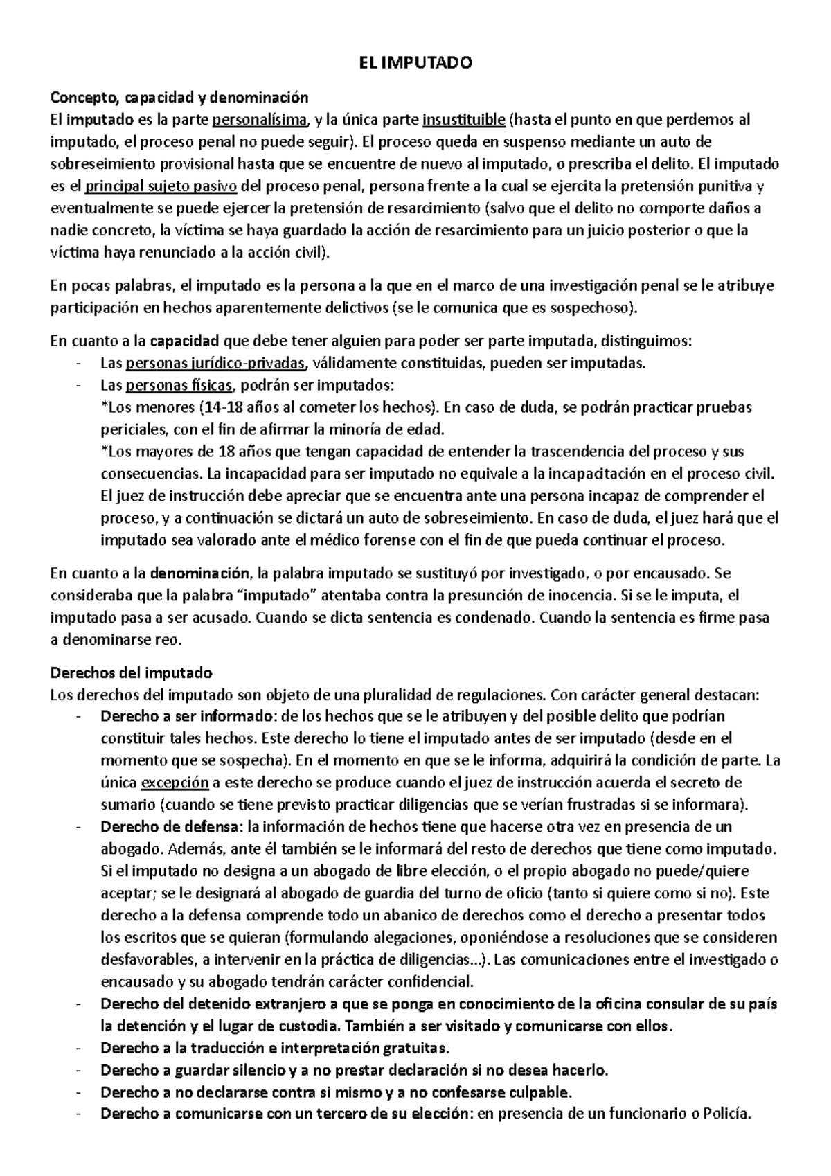TEMA 6- El imputado - Apuntes 6 - EL IMPUTADO Concepto, capacidad y ...