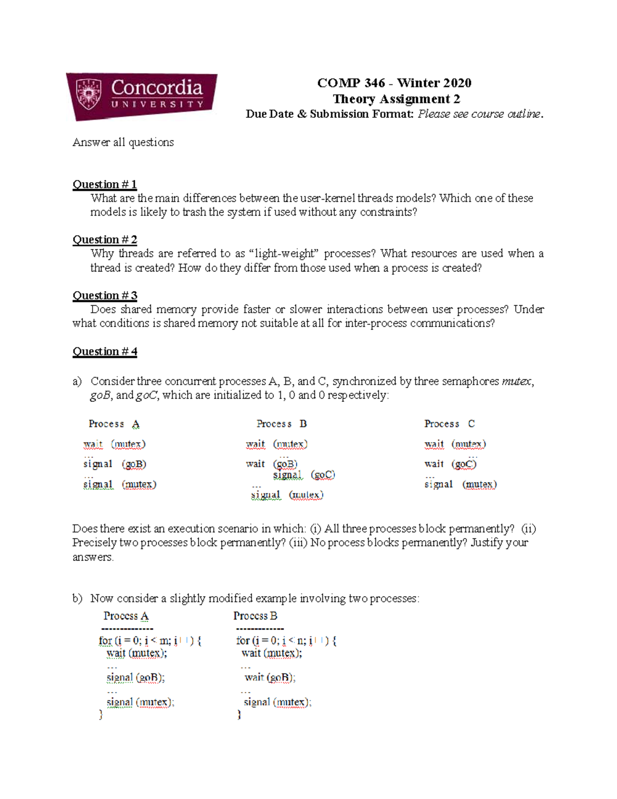 Theory Assignment 2 - COMP 346 - Winter 2020 Theory Assignment 2 Due Date & Submission Format ...