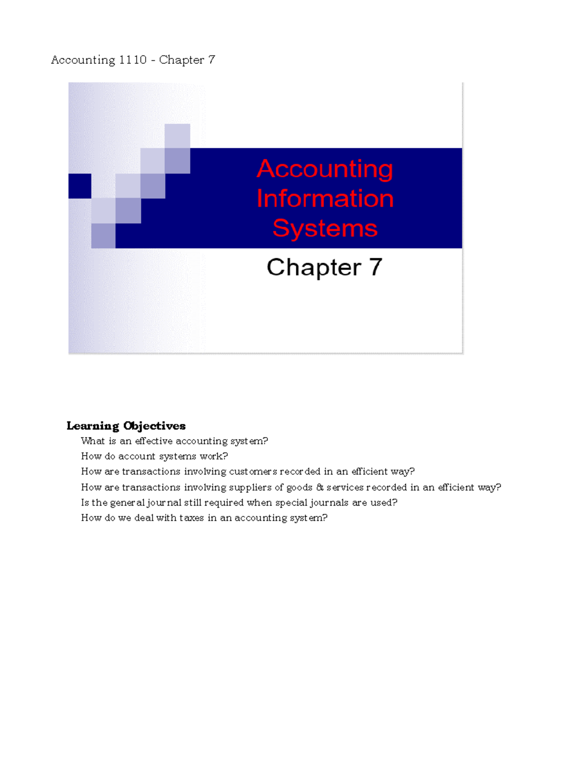 Chapter 7 - Warning: TT: undefined function: 32 Accounting 1110 - Chapter 7 Learning Objectives ...