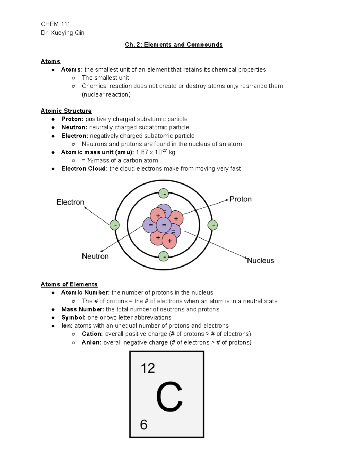 Chem 111 Ch.2 notes - CHEM 111 Dr. Xueying Qin Ch. 2: Elements and ...