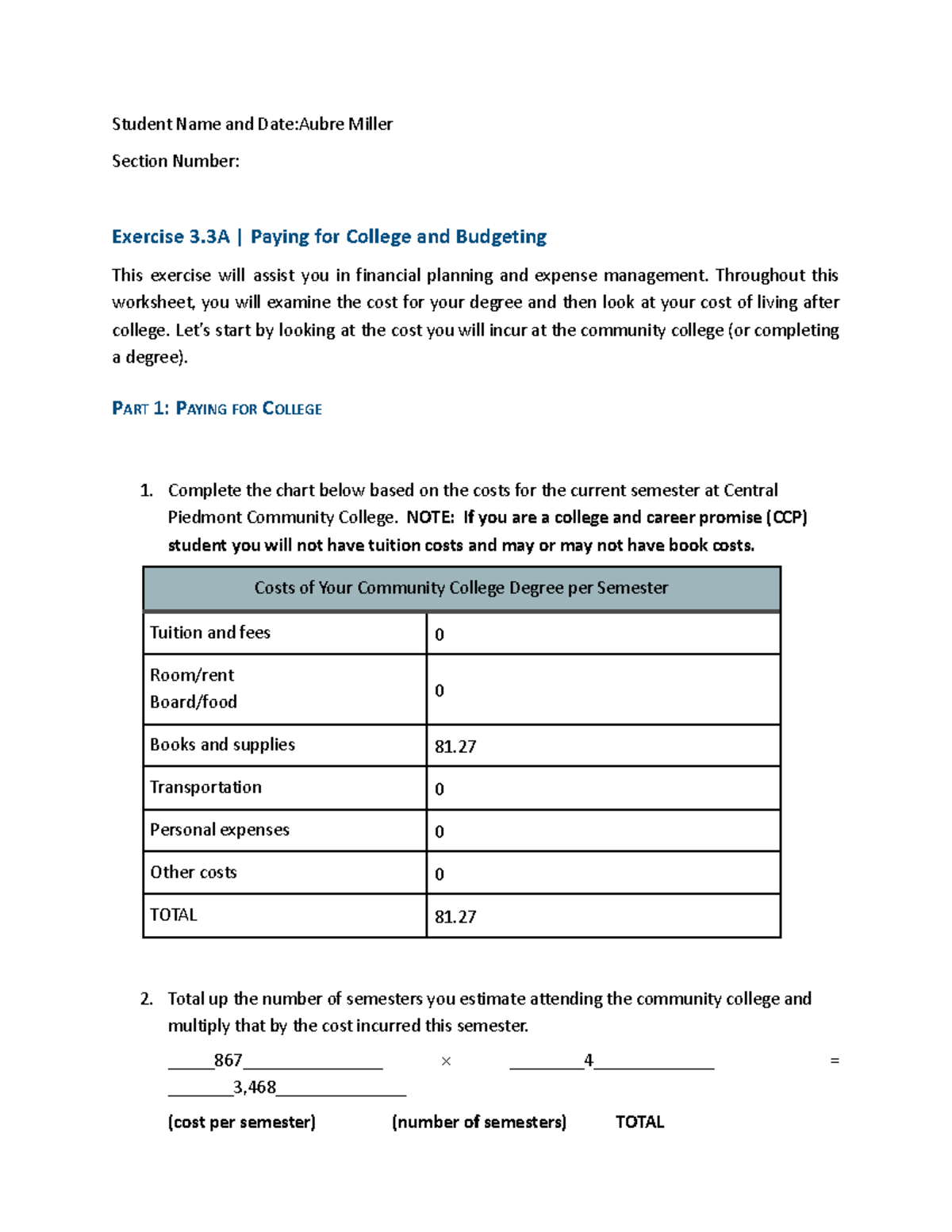 Copy of Exercise 3.3A Paying for College and Budgeting - Student Name ...