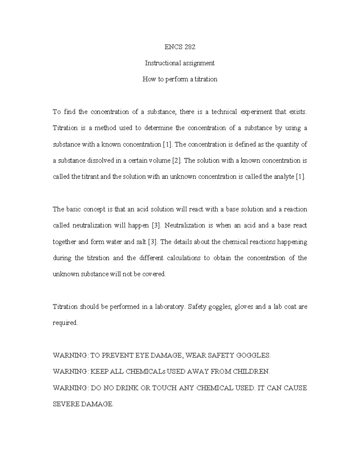 Instructional assignment - ENCS 282 Instructional assignment How to perform a titration To find ...