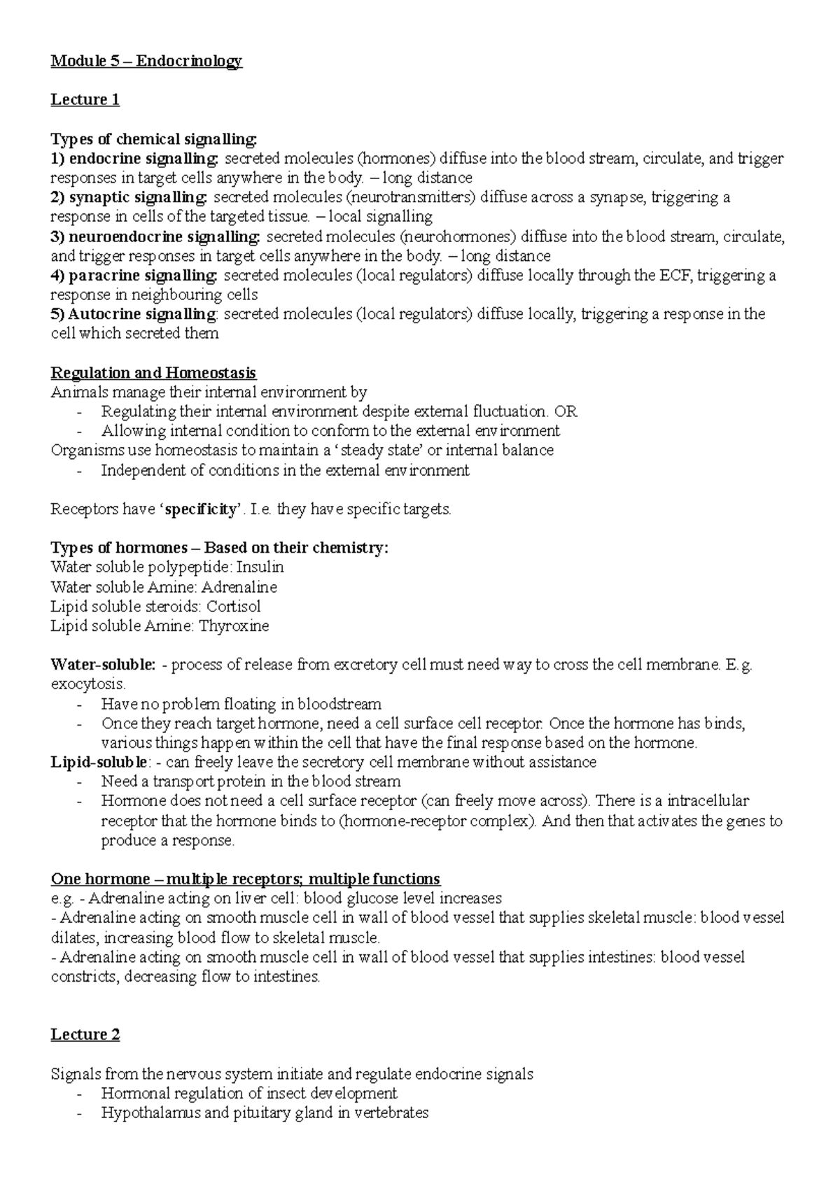 Module 5 Notes - Module 5 – Endocrinology Lecture 1 **Types of chemical ...