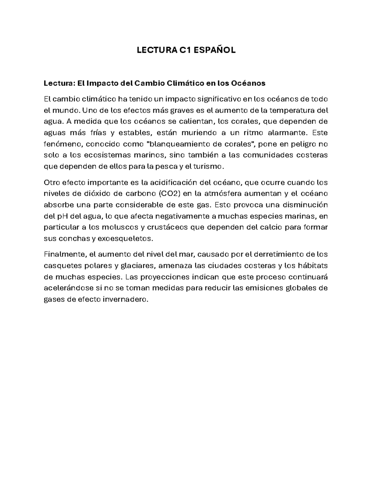 Lectura C1 Español Cambio Climatico CON Respuestas - LECTURA C1 ESPAÑOL ...