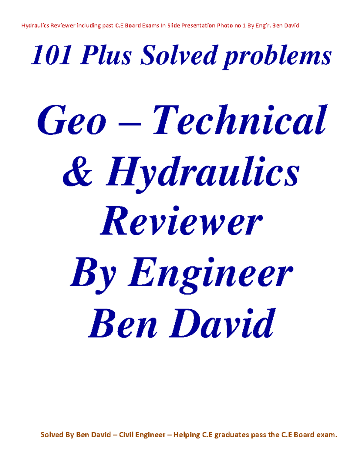 101 plus mini Hydraulics Reviewer Book By Engr.Ben. David - Civil ...