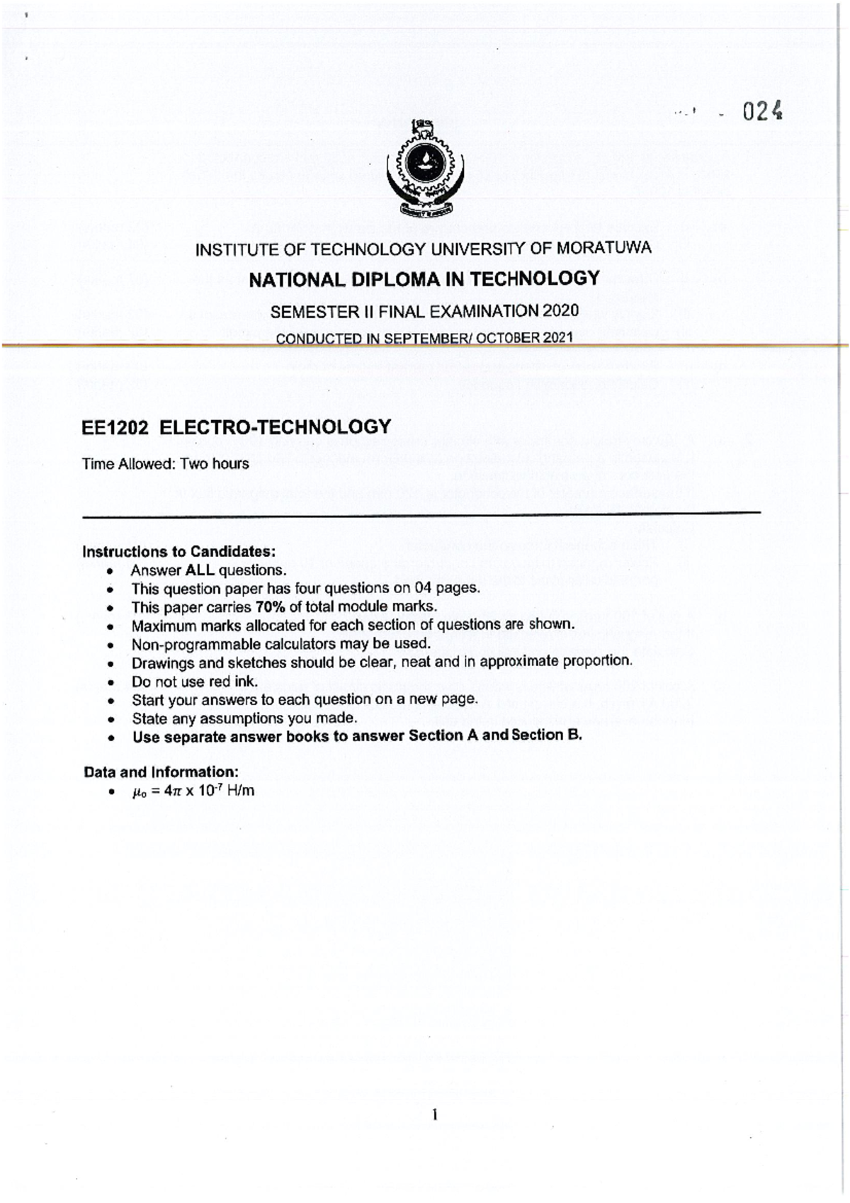 2020 - past papers - National Diploma in Technology - Studocu