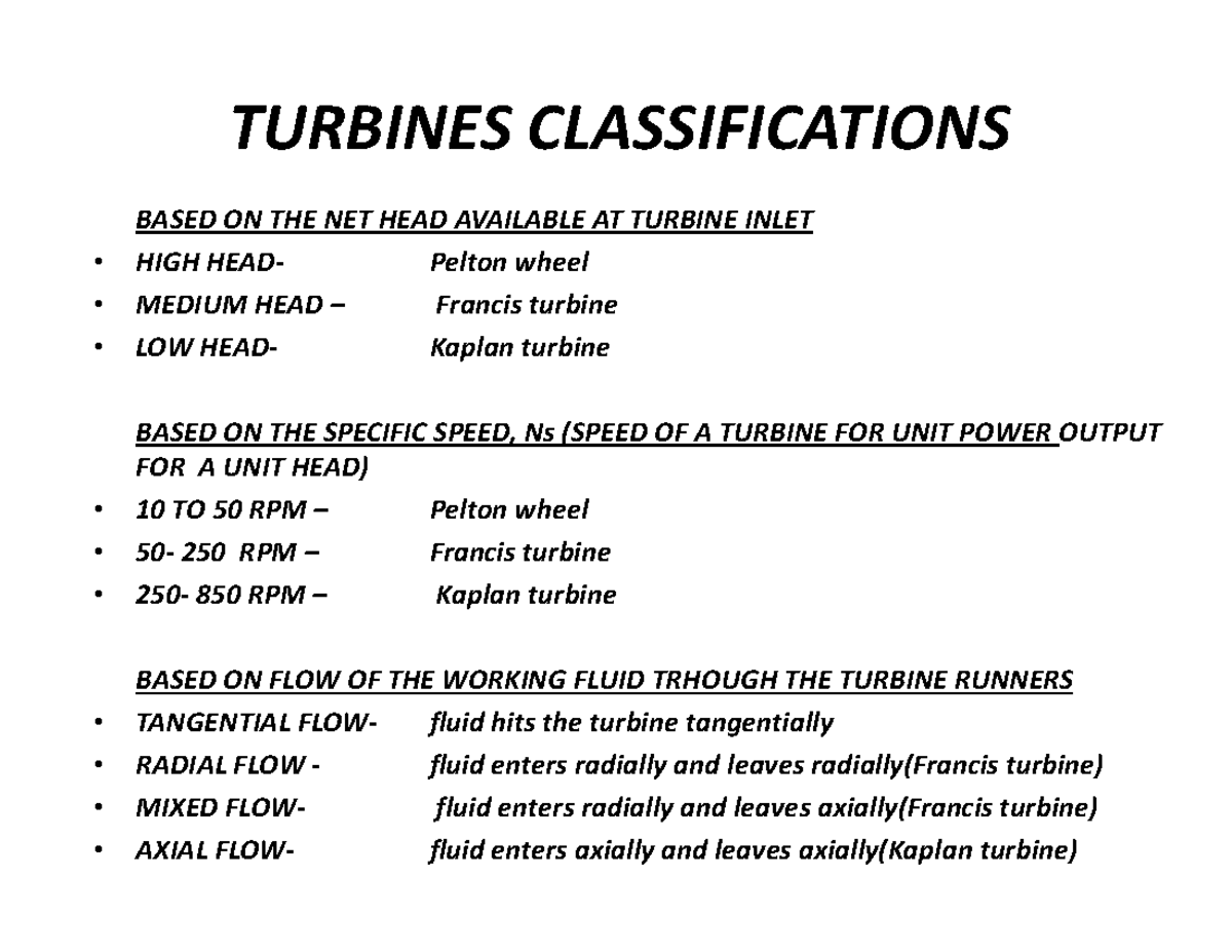 Basic Thermodynamics-8 - TURBINES CLASSIFICATIONS BASED ON THE NET HEAD ...